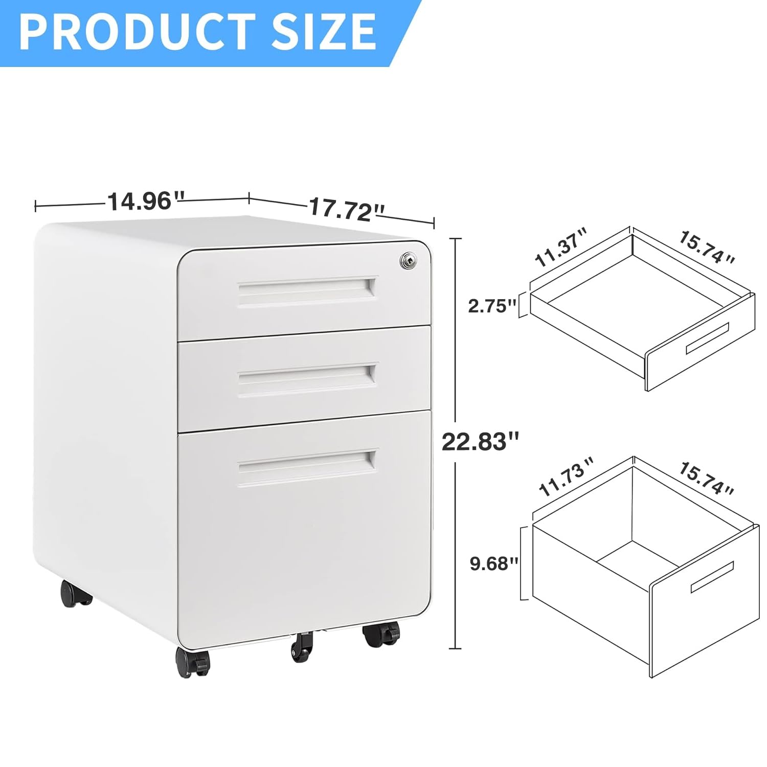 Letaya File Cabinet, 3 Drawer Filing Cabinets for Home Office with Lock Mobile Under Desk Fully Assembled Cabinet (White)