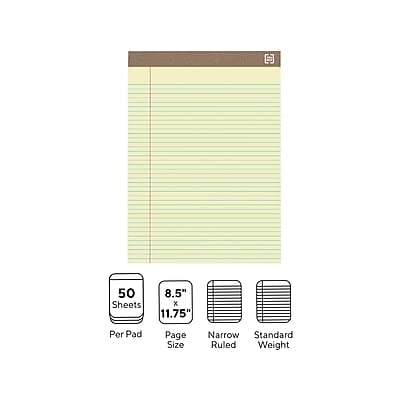 Staples 100% Recycled 8-1/2" x 11 3/4", Canary, Perforated Notepads, Narrow Ruled, 12/Pack