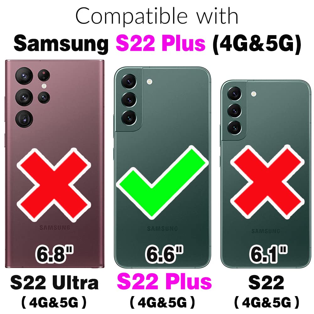 Phone Case for Samsung Galaxy S22 Plus S22+ 5G Wallet Cover with Screen Protector and Wrist Strap Lanyard RFID Credit Card Holder Ring Stand Cell Accessories S22+5G S22plus 22S + S 22 22+ Women Pink