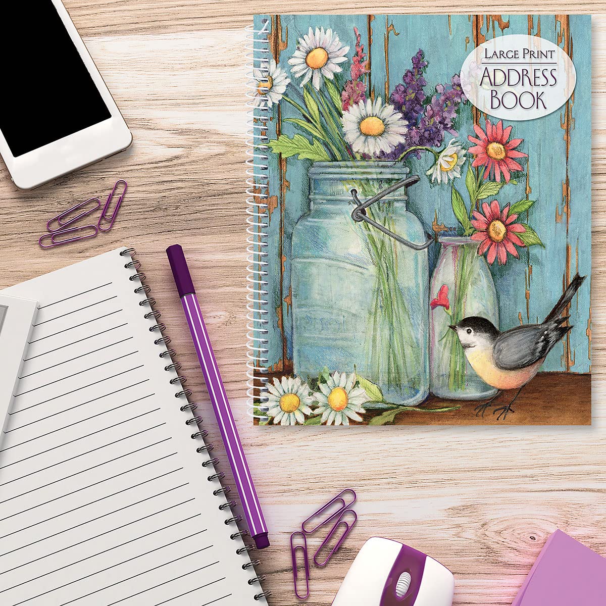 Large Print Jar Address Book by Susan Winget - Large Print Address Book, 56 Pages, Big 7 inch by 8-1/2 inch, Spiral-Bound, Easy Reading Legible Print Forms