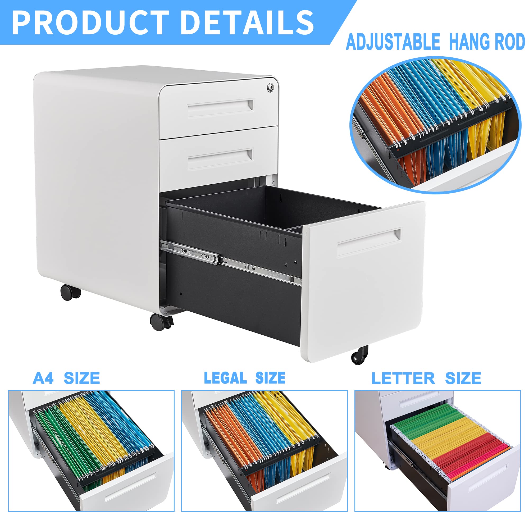 Letaya File Cabinet, 3 Drawer Filing Cabinets for Home Office with Lock Mobile Under Desk Fully Assembled Cabinet (White)