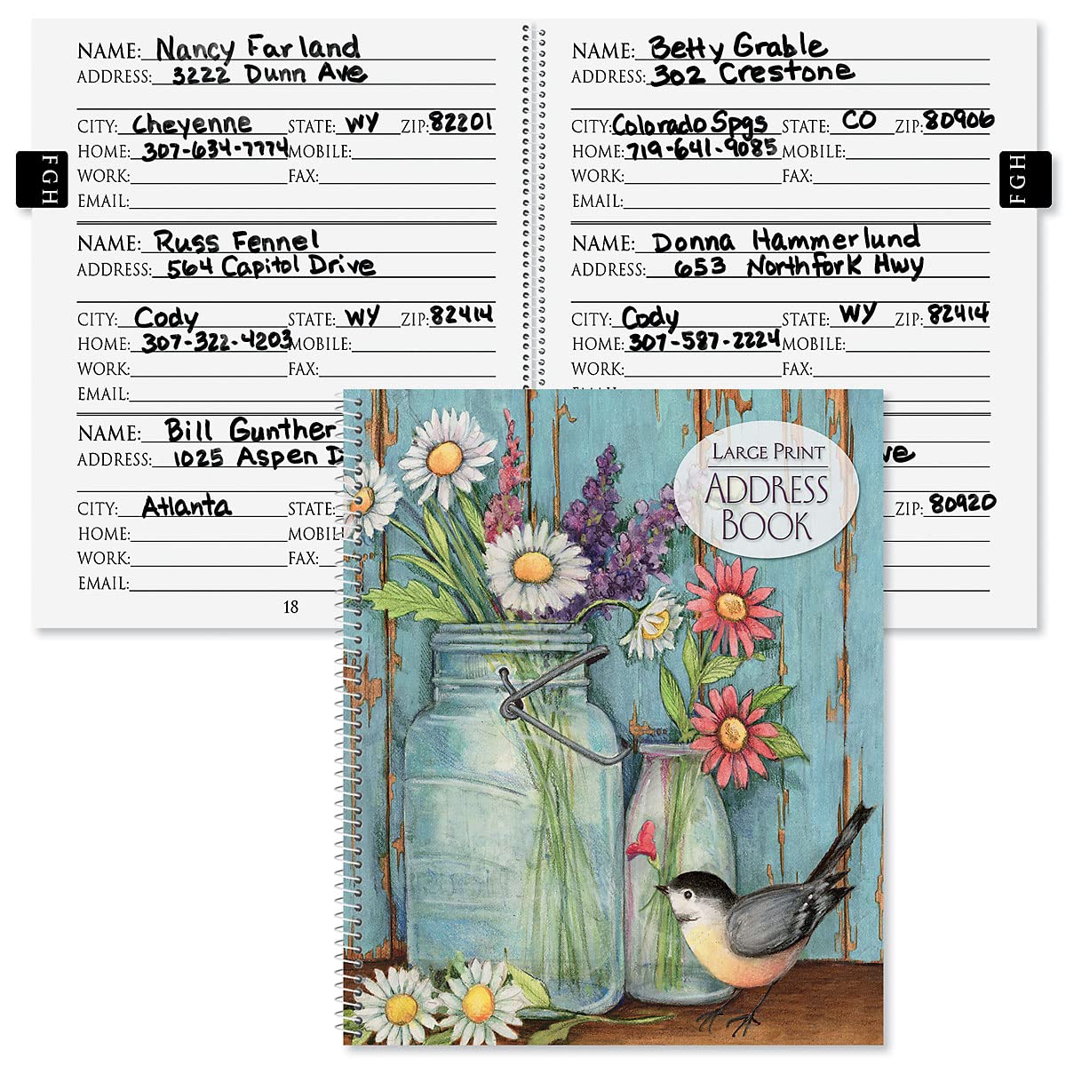 Large Print Jar Address Book by Susan Winget - Large Print Address Book, 56 Pages, Big 7 inch by 8-1/2 inch, Spiral-Bound, Easy Reading Legible Print Forms