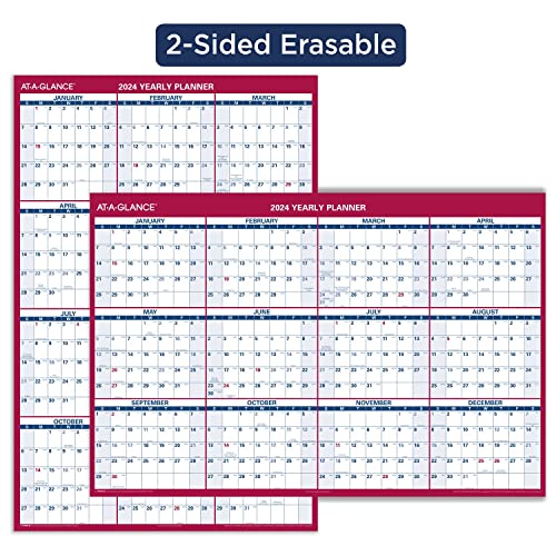 AT-A-GLANCE 2024 Monthly Erasable Calendar, Dry Erase Wall Planner, 48" x 32", Extra Large, Vertical/Horizontal, Reversible (PM3262824)