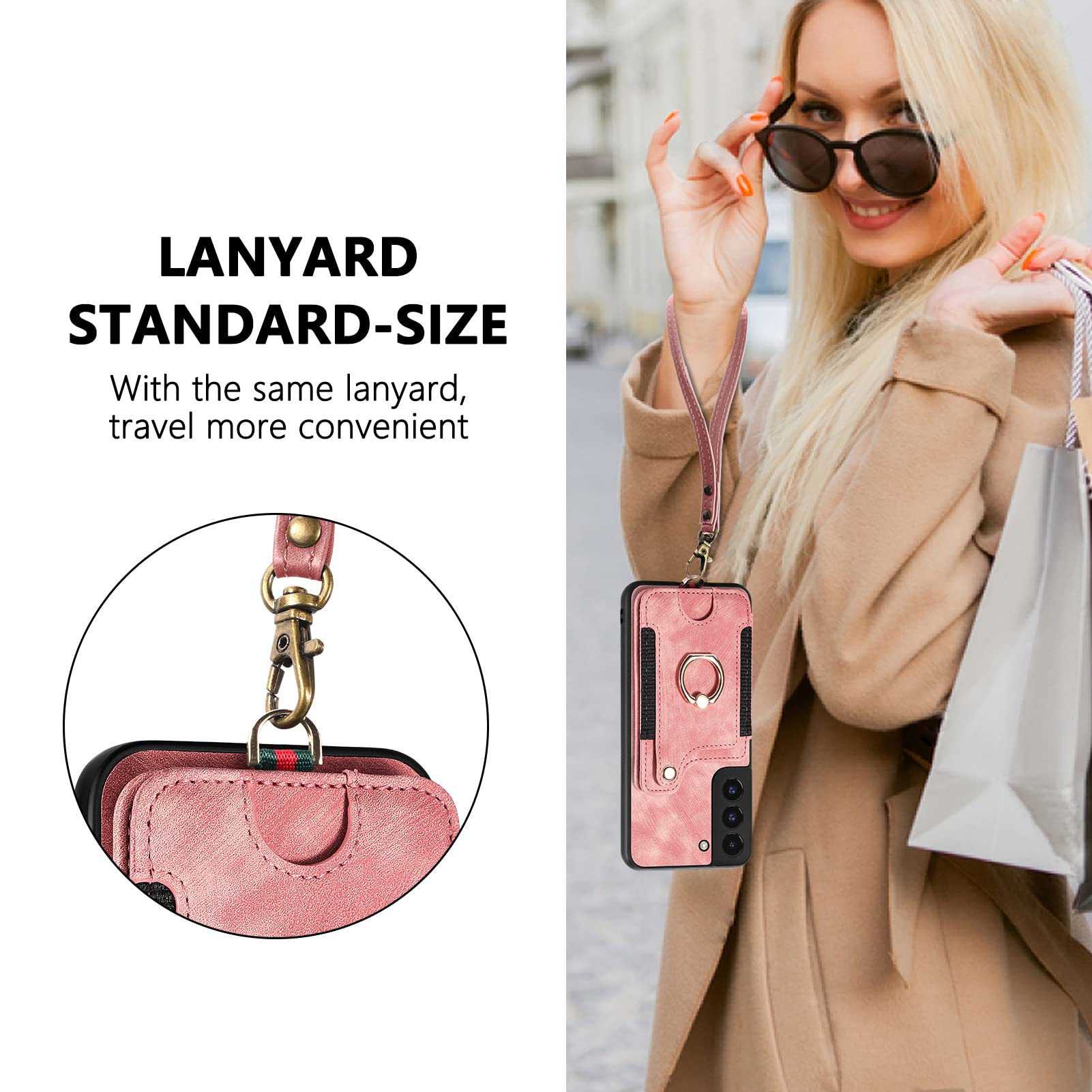 Phone Case for Samsung Galaxy S22 Plus S22+ 5G Wallet Cover with Screen Protector and Wrist Strap Lanyard RFID Credit Card Holder Ring Stand Cell Accessories S22+5G S22plus 22S + S 22 22+ Women Pink