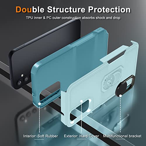 RMOCR for Samsung Galaxy A14 5G Case, Rotatable Magnetic Kickstand Ring Holder, Military Protective Phone Cover with Tempered Glass Screen Protector and Camera Lens Cover, Mint Green