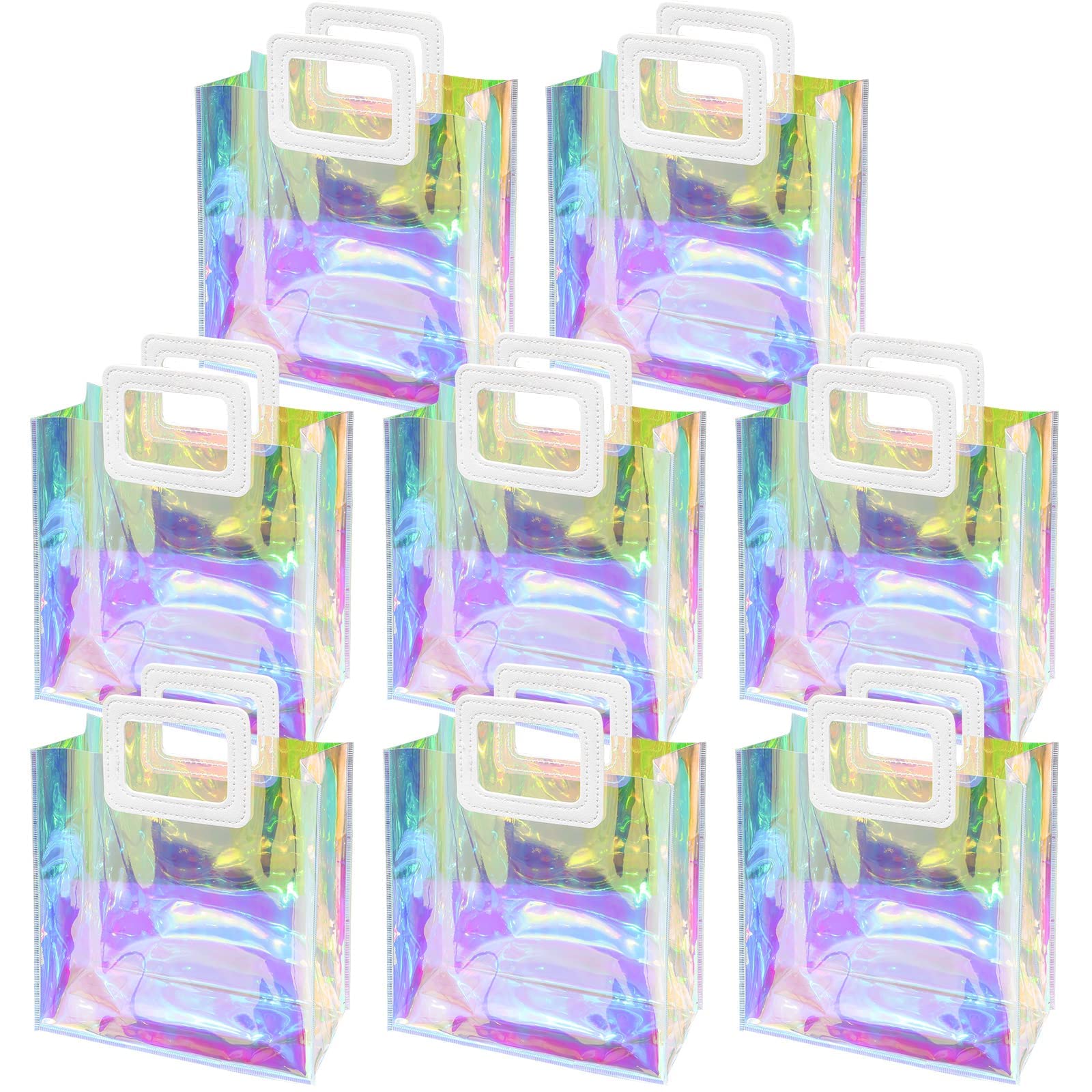 Valentine's Day Small Gift Bags Holographic Iridescent Bags, 8.3 x 8 x 4 Inch Clear Reusable Gift Tote Bags PVC Wrap Bag with Handle for Valentine's Wedding Birthday Shopping Travel Party (8 Pcs)