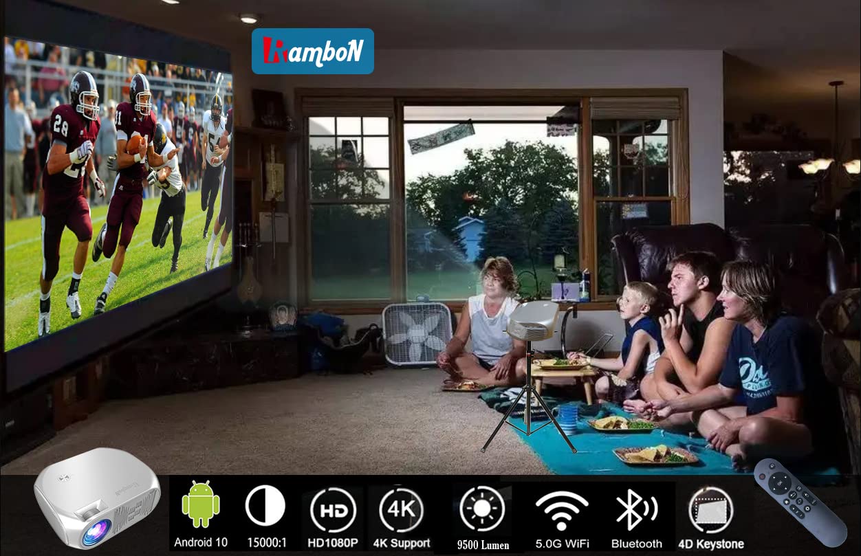 RamboN Native 1080P Full HD 4K Supported Movie 5G WiFi Projector, , 9500L Smart Projector,Support 4D Keystone Correction, Zoom, PPT