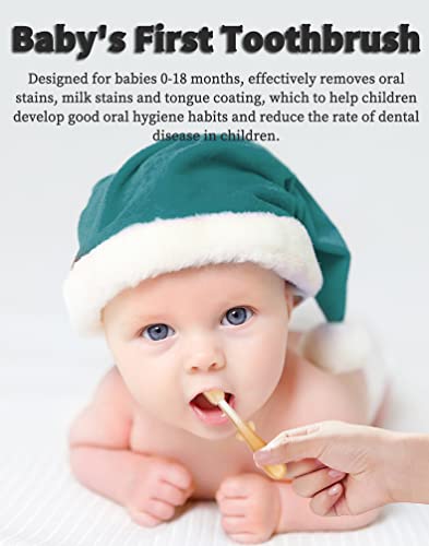FOKiiBO Baby Silicone Toothbrush Set, Toothbrush + Tongue Brush + Baby Teether + Finger Toothbrush with Cup for Training Teething, 0-18M Infant Toddler Newborn Baby Teeth Brushes (Amber)