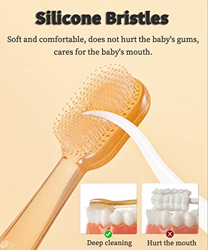 FOKiiBO Baby Silicone Toothbrush Set, Toothbrush + Tongue Brush + Baby Teether + Finger Toothbrush with Cup for Training Teething, 0-18M Infant Toddler Newborn Baby Teeth Brushes (Amber)