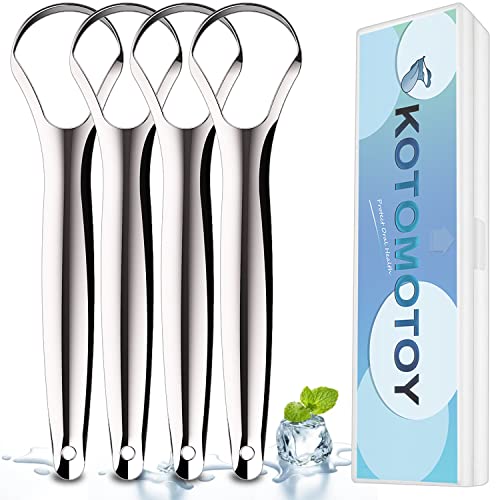 Kotomotoy Tongue Scraper (4 Pack) with Travel Case, Tongue Scraper for Adults, Fight Bad Breath, Medical Grade 100% Stainless Steel Tongue Cleaners For Oral Care, Professional Tongue Brush