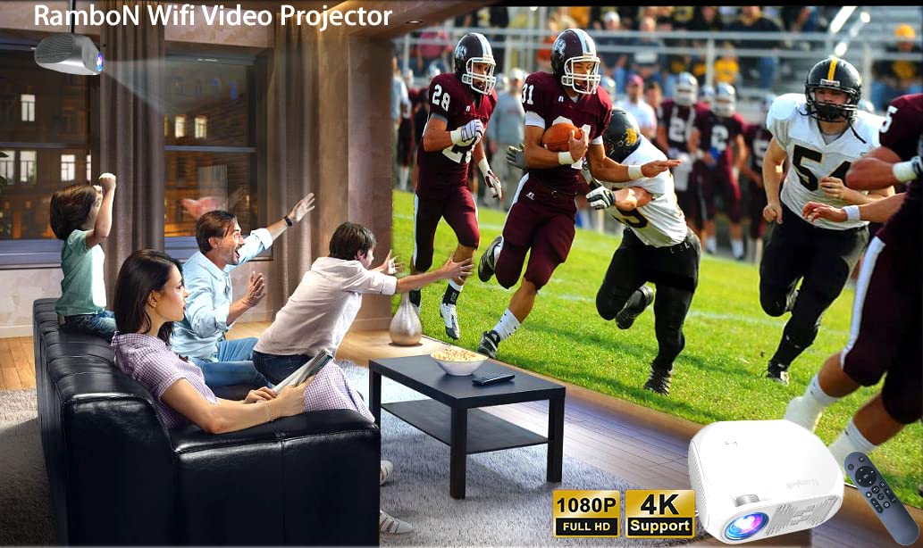 RamboN Native 1080P Full HD 4K Supported Movie 5G WiFi Projector, , 9500L Smart Projector,Support 4D Keystone Correction, Zoom, PPT