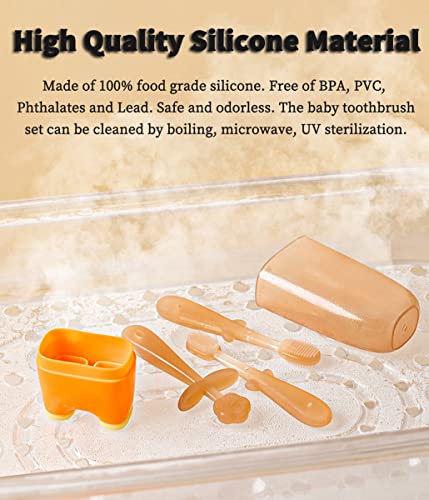 FOKiiBO Baby Silicone Toothbrush Set, Toothbrush + Tongue Brush + Baby Teether + Finger Toothbrush with Cup for Training Teething, 0-18M Infant Toddler Newborn Baby Teeth Brushes (Amber)