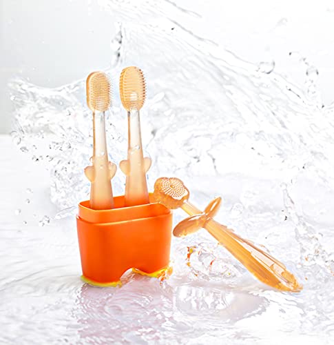 FOKiiBO Baby Silicone Toothbrush Set, Toothbrush + Tongue Brush + Baby Teether + Finger Toothbrush with Cup for Training Teething, 0-18M Infant Toddler Newborn Baby Teeth Brushes (Amber)