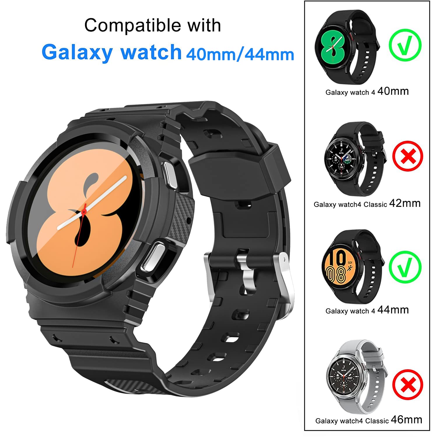 VeveXiao Rugged Case Band Compatible with Samsung Galaxy Watch 4 40mm 44mm , Replacement Strap bulid-in Bumper Cover Accessories for Men Women, Galaxy Watch 4 44mm, black