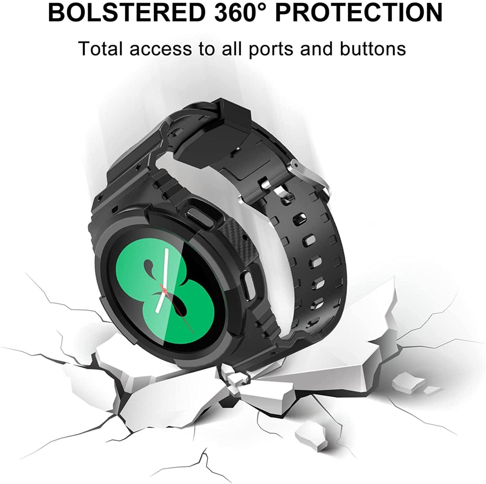 VeveXiao Rugged Case Band Compatible with Samsung Galaxy Watch 4 40mm 44mm , Replacement Strap bulid-in Bumper Cover Accessories for Men Women, Galaxy Watch 4 44mm, black