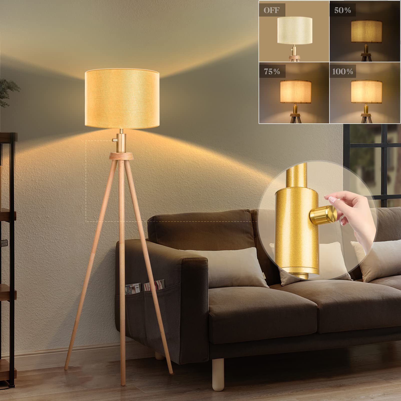 Dimmable Tripod Floor Lamp, Mid Century Standing Lamp with 0%-100% Brightness LED Bulb Beige Linen Drum Shade, E26 Socket, Bedside Lamp, Wooden Floor Lamp for Living Room, Bedroom, Office