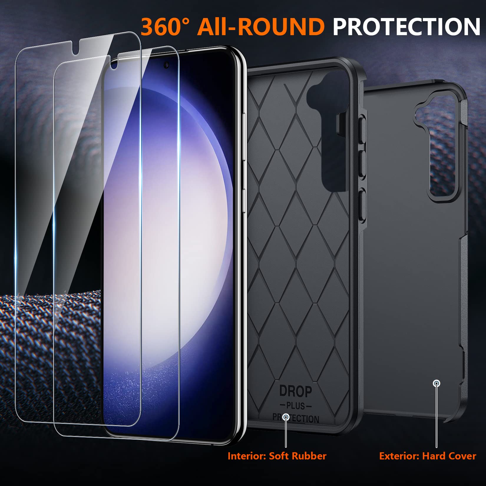 SPIDERCASE Designed for Samsung Galaxy S23 Case, [10 FT Military Grade Drop Protection], 2 Pack [Tempered Glass Screen Protector+Camera Lens Protector] Heavy Duty Shockproof Case, Black
