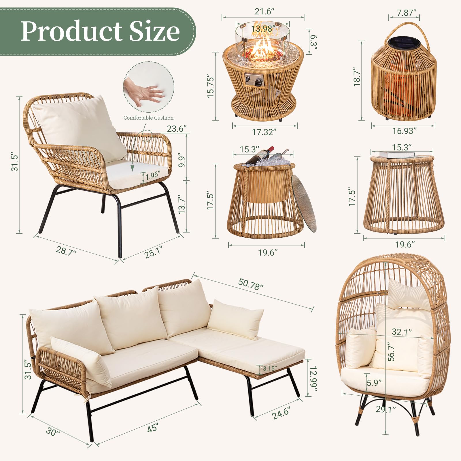 RADIATA Boho Patio Furniture Sets Outdoor Conversation Wicker Bistro Sectional Sofa and Chair Sets for Backyard, Porch, Deck, Garden (9pcs)