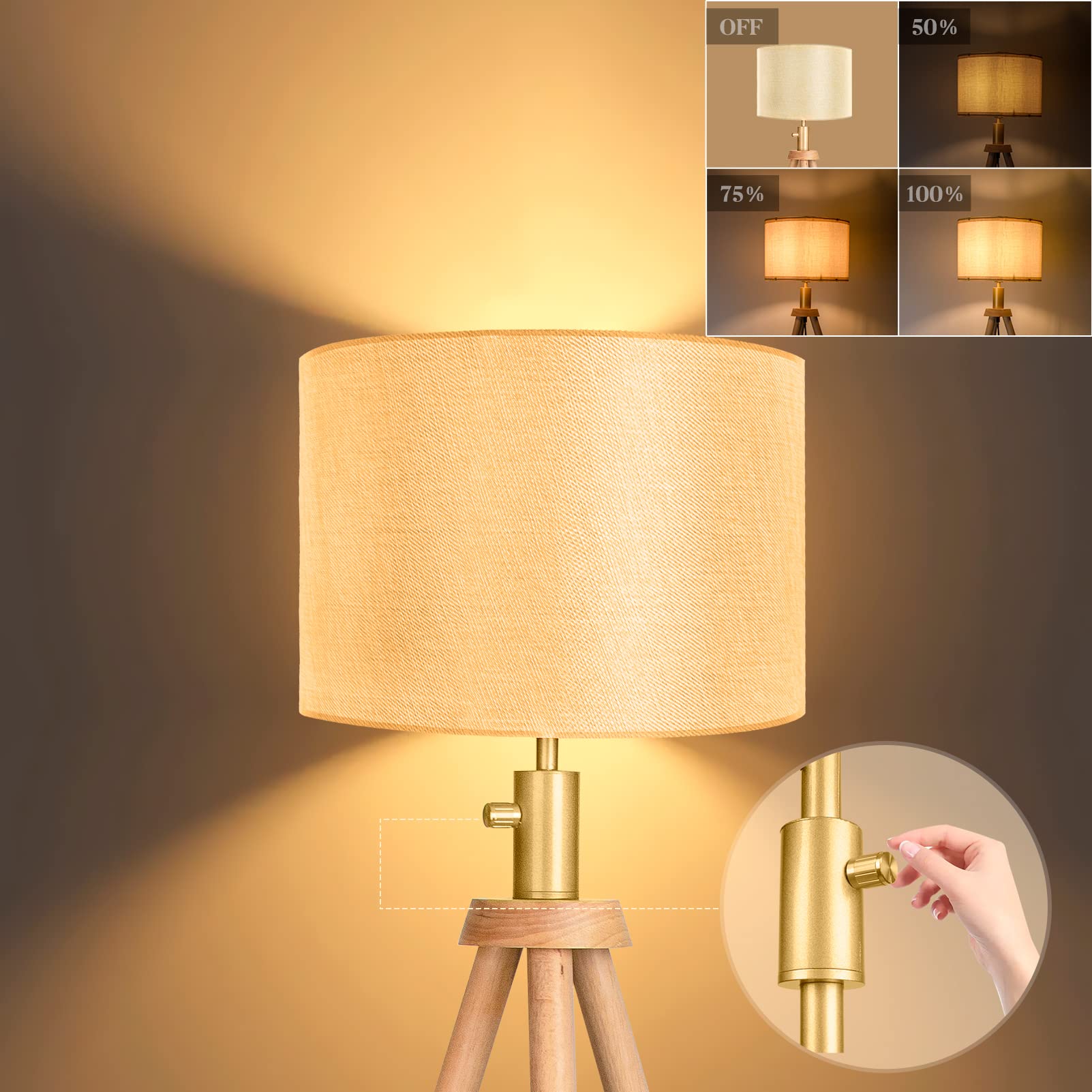 Dimmable Tripod Floor Lamp, Mid Century Standing Lamp with 0%-100% Brightness LED Bulb Beige Linen Drum Shade, E26 Socket, Bedside Lamp, Wooden Floor Lamp for Living Room, Bedroom, Office