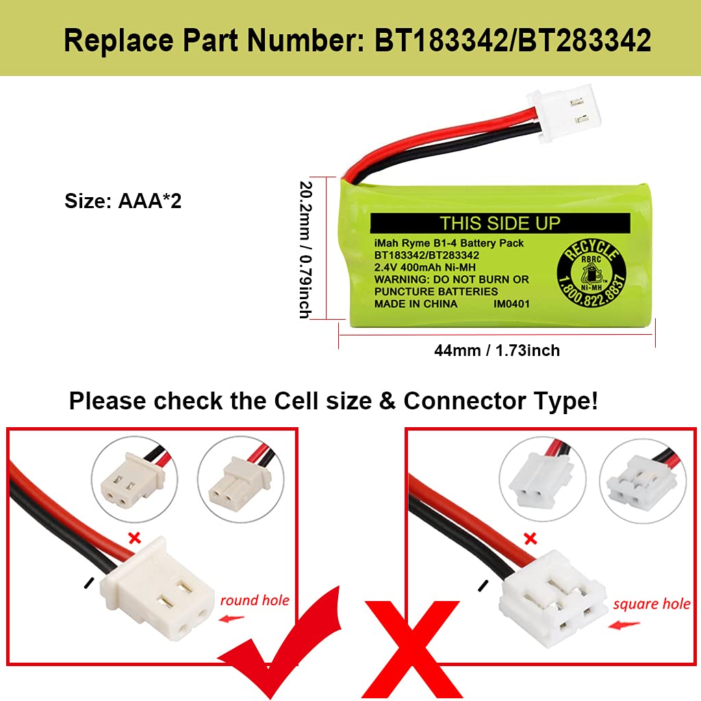 iMah BT183342/BT283342 2.4V 400mAh Ni-MH Battery Pack Compatible with AT&T VTech Cordless Phone Batteries BT166342/BT266342 BT162342/BT262342 2SN-AAA40H-S-X2, Pack of 2