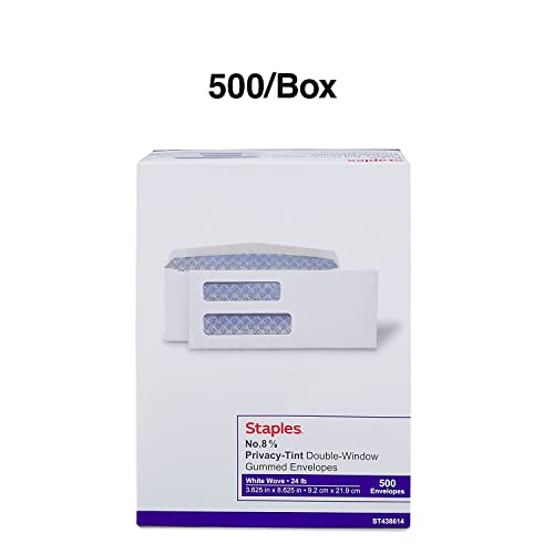 Staples 438614#8 5/8-Inch Check-Size Double Window Security-Tint Gummed Envelopes 500/Bx