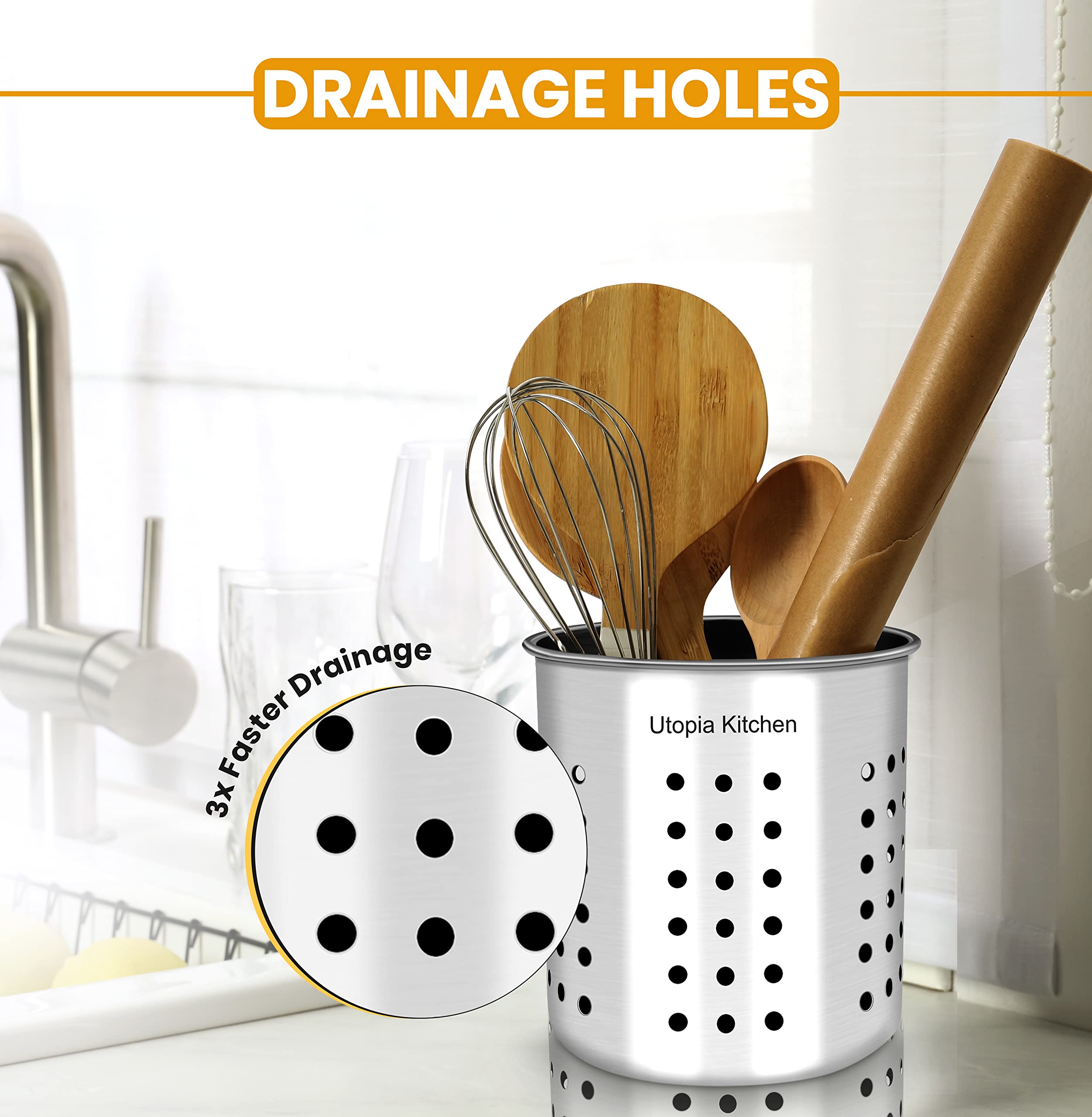 Utopia Kitchen Stainless Steel Cooking Utensil Holder 5 x 5.3 Inches (Silver)