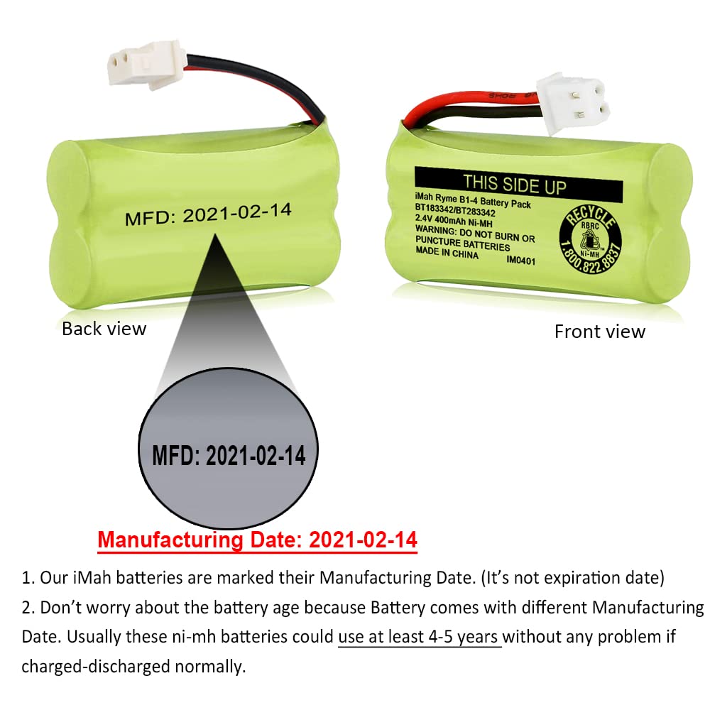 iMah BT183342/BT283342 2.4V 400mAh Ni-MH Battery Pack Compatible with AT&T VTech Cordless Phone Batteries BT166342/BT266342 BT162342/BT262342 2SN-AAA40H-S-X2, Pack of 2