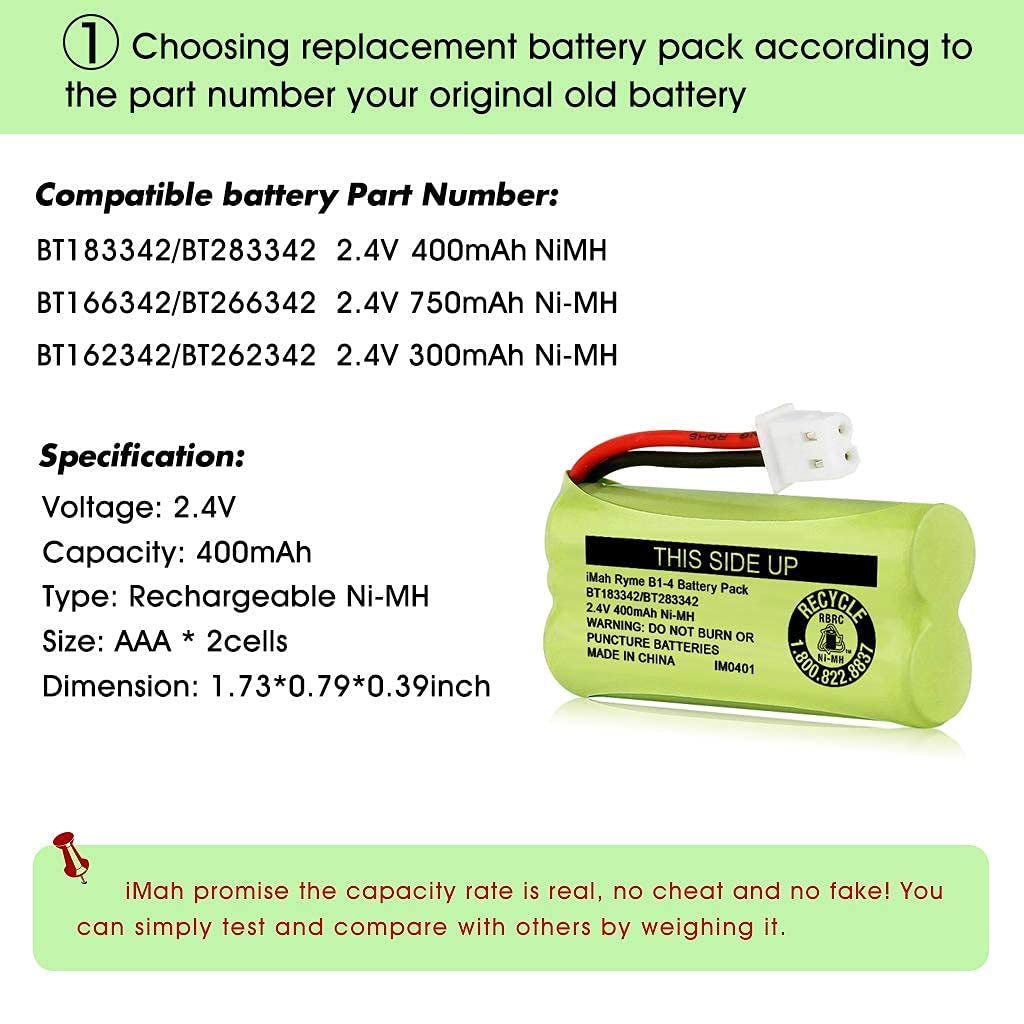 iMah BT183342/BT283342 2.4V 400mAh Ni-MH Battery Pack Compatible with AT&T VTech Cordless Phone Batteries BT166342/BT266342 BT162342/BT262342 2SN-AAA40H-S-X2, Pack of 2