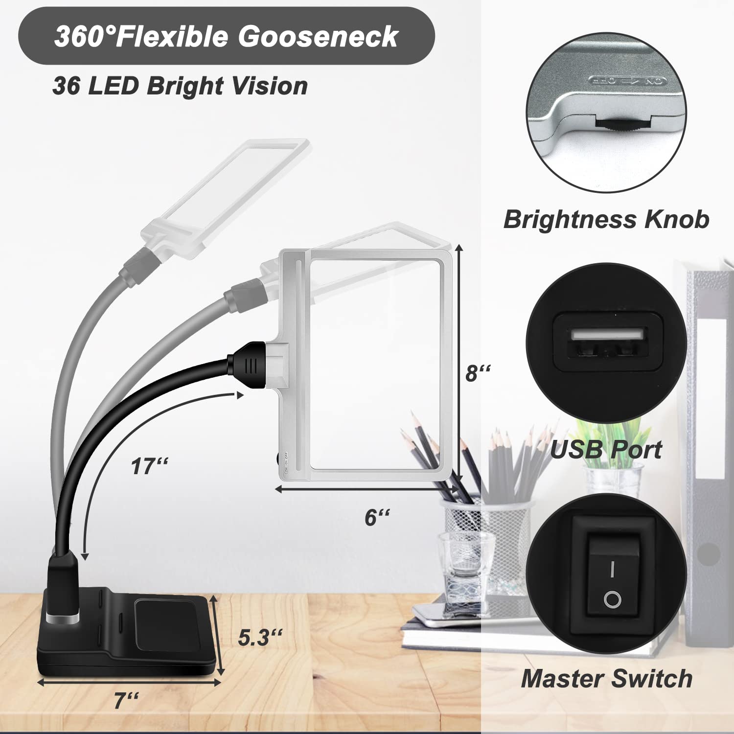 4X Magnifying Glass with Light and Stand, 36 LED Flexible Gooseneck Magnifying Desk Lamp, Ajustable Brightness Large Page Magnifier for Reading, Sewing, Crafts, Painting, DIY & Close Work Silver