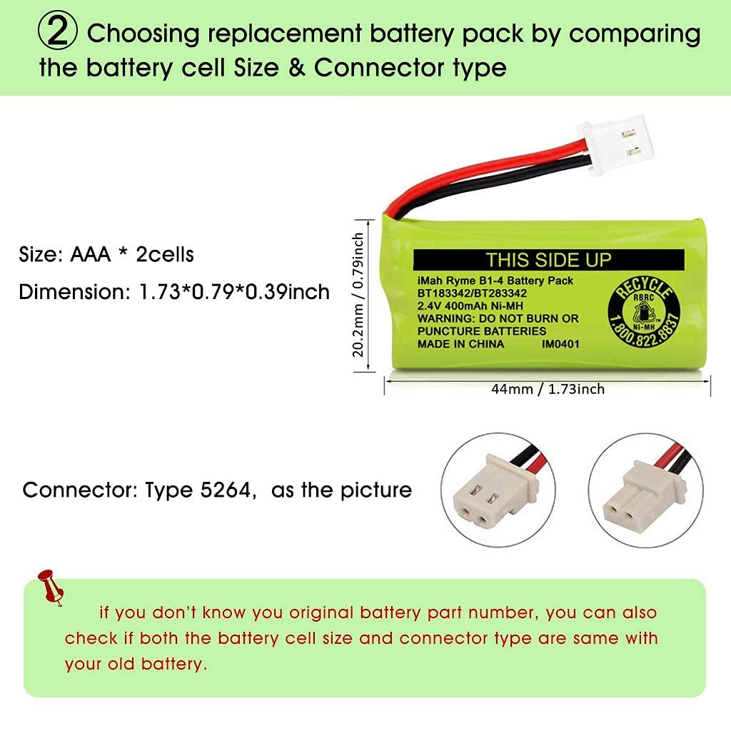 iMah BT183342/BT283342 2.4V 400mAh Ni-MH Battery Pack Compatible with AT&T VTech Cordless Phone Batteries BT166342/BT266342 BT162342/BT262342 2SN-AAA40H-S-X2, Pack of 2