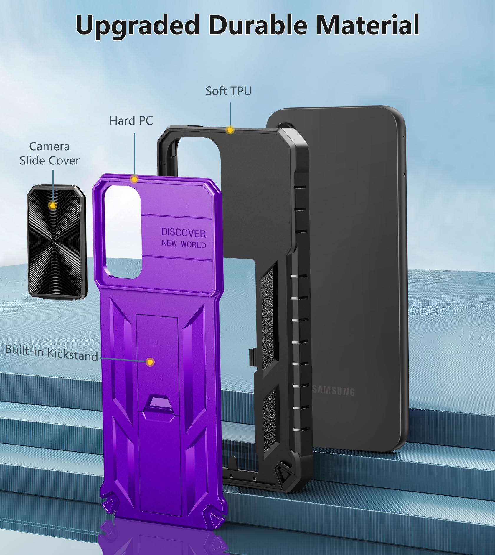 FNTCASE Case for Samsung Galaxy A14-5G: Military Grade Drop Proof Protection Rugged Protective A14 Cell Phone Cover with Built-in Kickstand & Slide - Shockproof TPU Matte Textured Tough Cases - Purple
