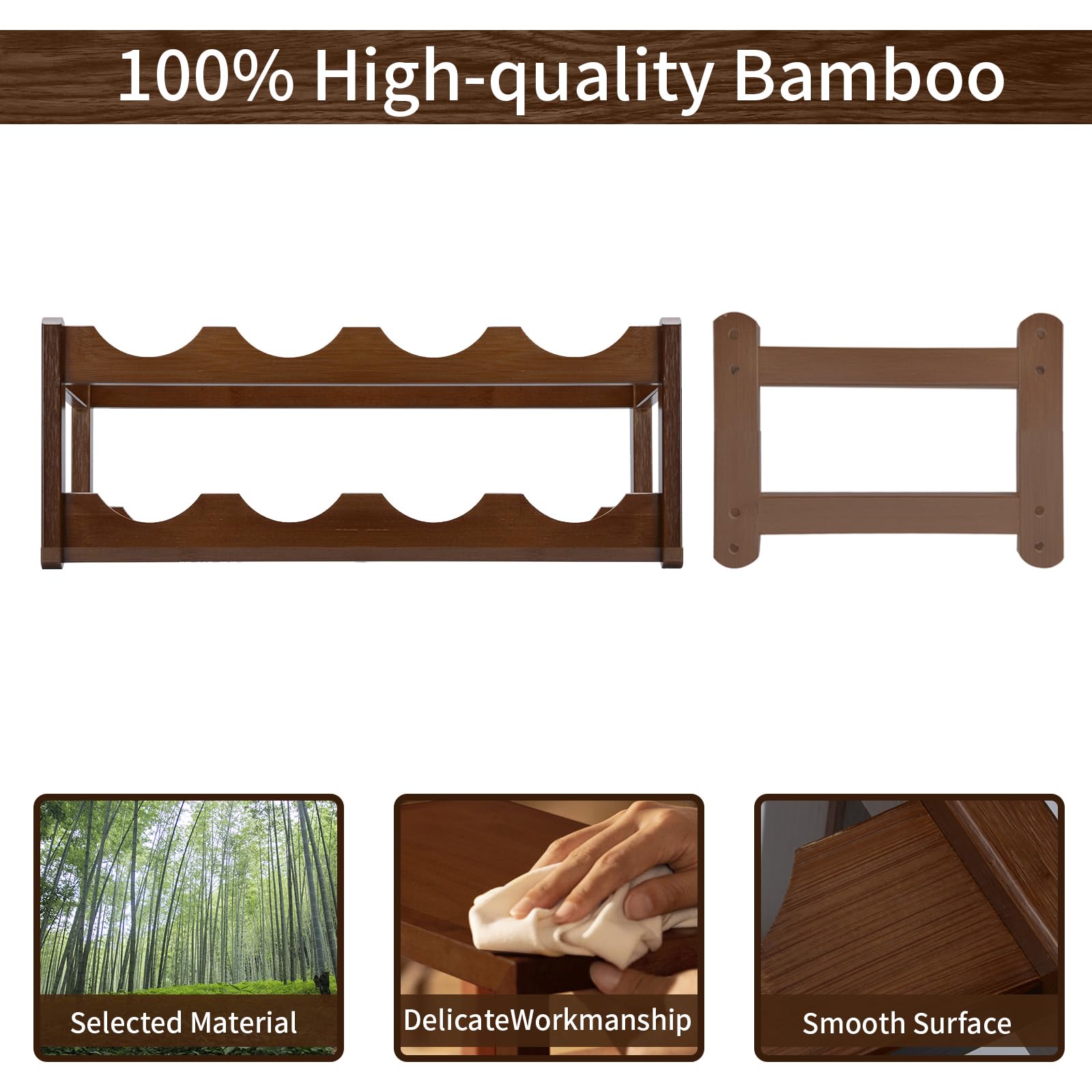 Juomid Bamboo Wine Rack, 2 Tiers 8 Bottle Wine Shelf, Free Standing Floor Countertop Liquor Storage Cabinet Holder Stand for Kitchen Dining Room Pantry, Sturdy Durable Brown Wine Racks