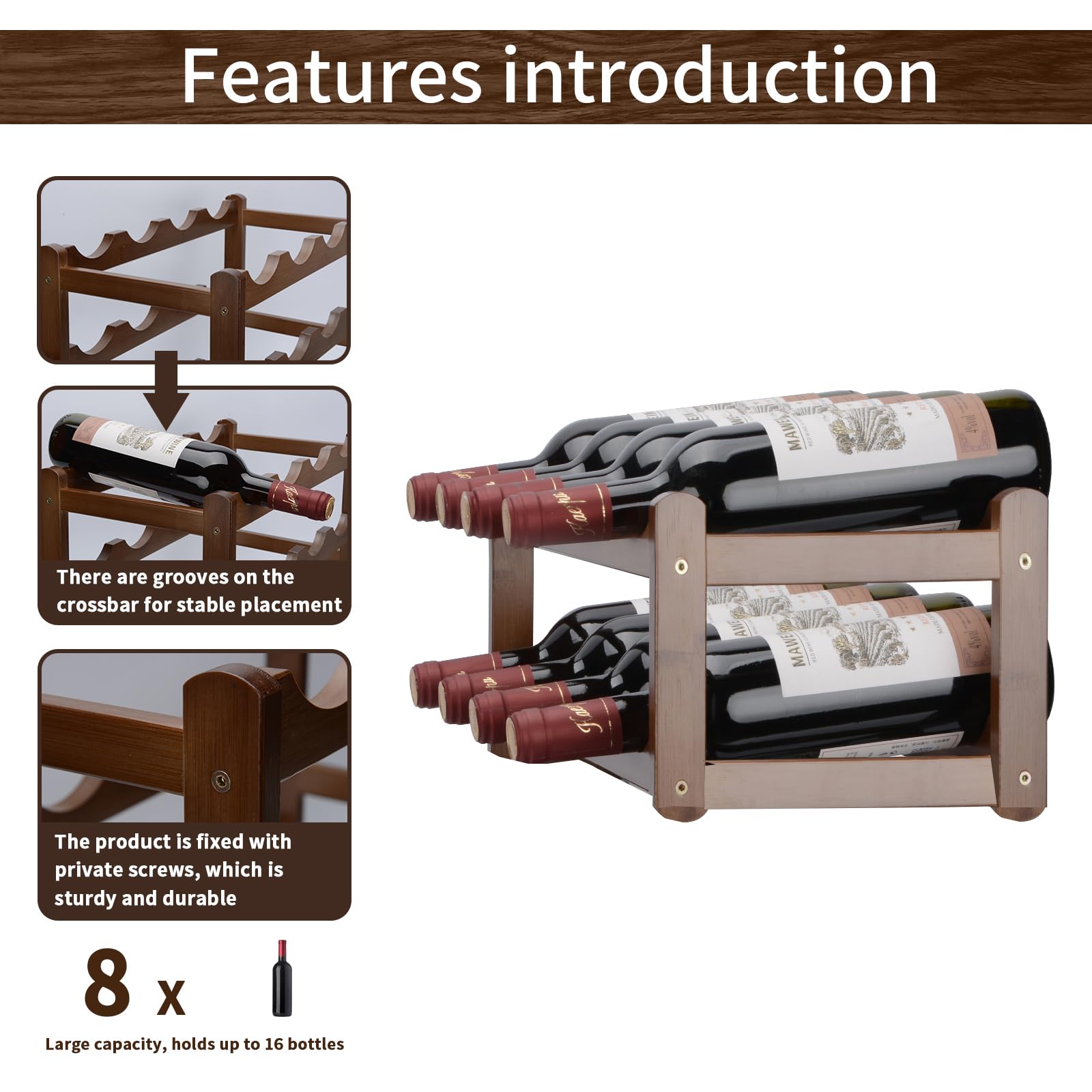 Juomid Bamboo Wine Rack, 2 Tiers 8 Bottle Wine Shelf, Free Standing Floor Countertop Liquor Storage Cabinet Holder Stand for Kitchen Dining Room Pantry, Sturdy Durable Brown Wine Racks