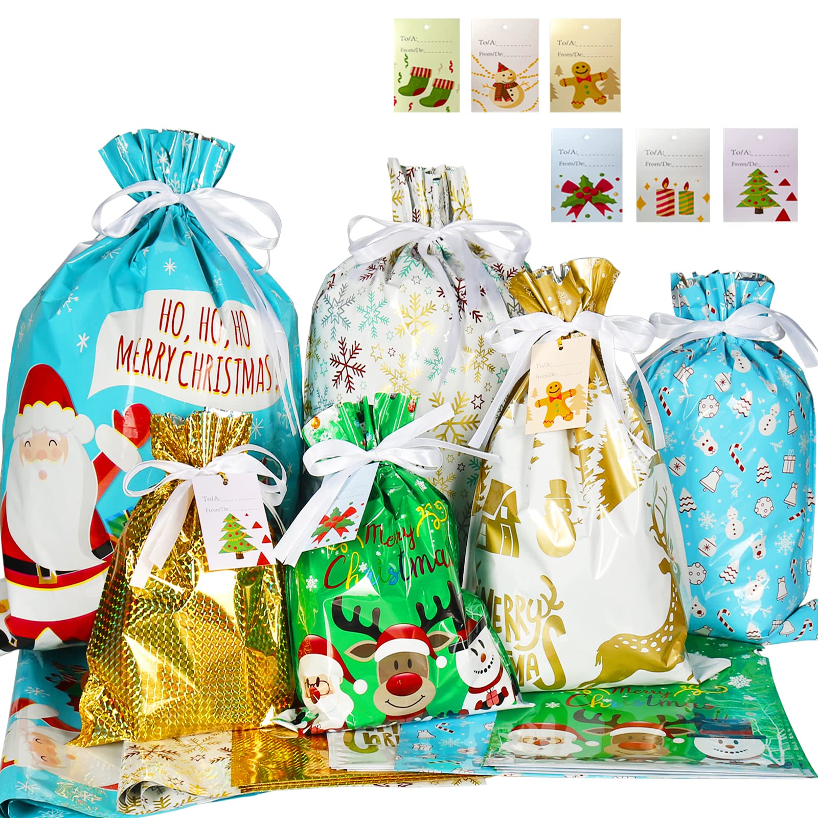 HRX Package Holiday Drawstring Gift Bags with Tags, 30pcs Christmas Foil Gift Wrapping Sacks Pouches for Xmas Presents Party Favor