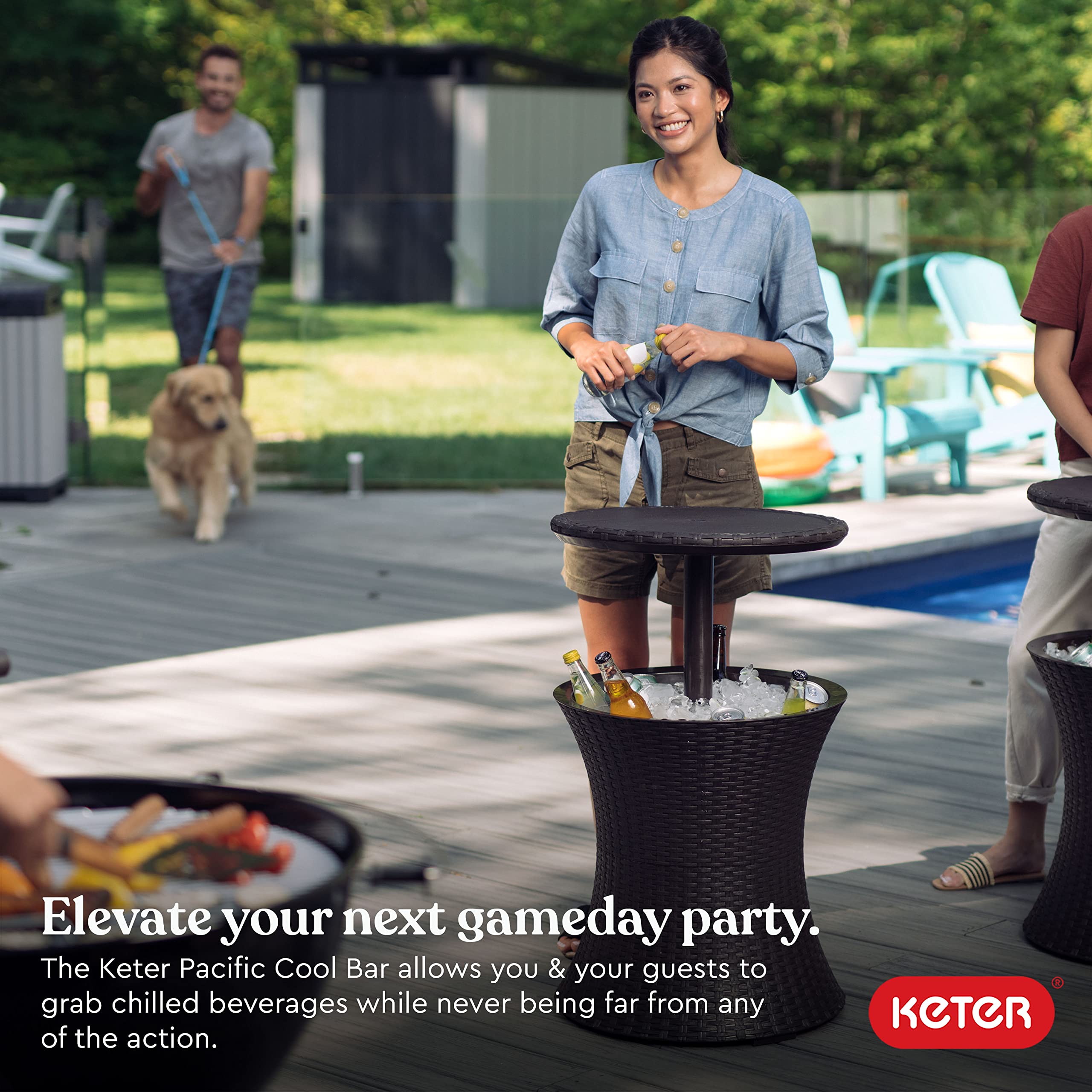 Keter Outdoor Patio Furniture and Hot Tub Side Table with 7.5 Gallon Beer and Wine Cooler, Brown