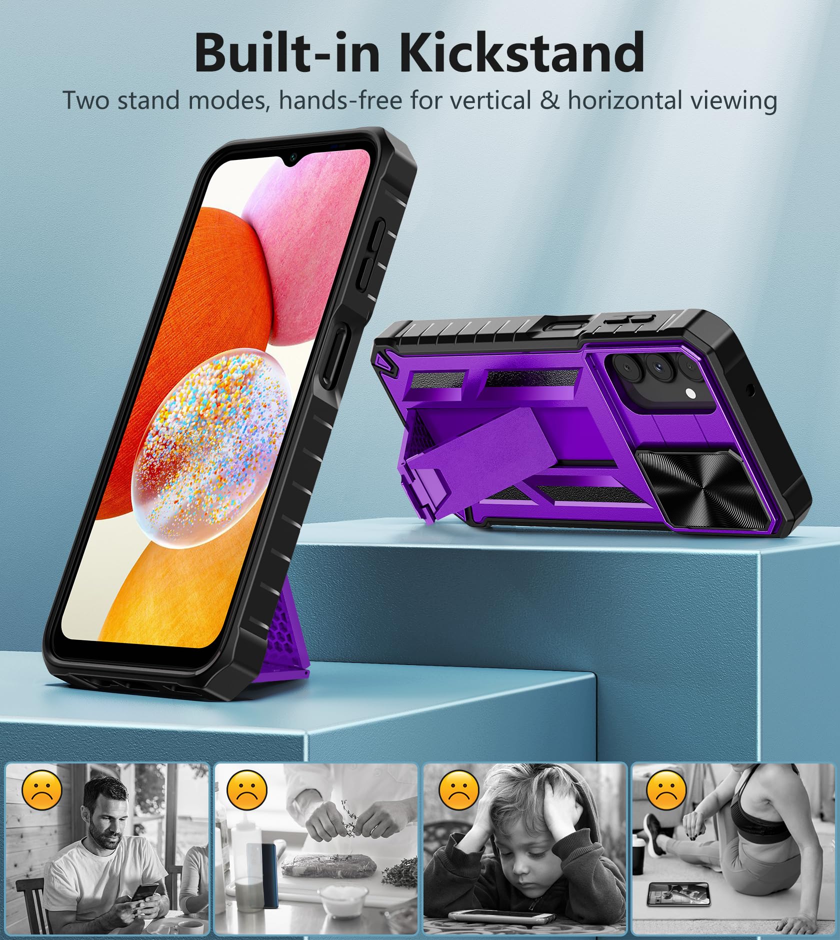 FNTCASE Case for Samsung Galaxy A14-5G: Military Grade Drop Proof Protection Rugged Protective A14 Cell Phone Cover with Built-in Kickstand & Slide - Shockproof TPU Matte Textured Tough Cases - Purple