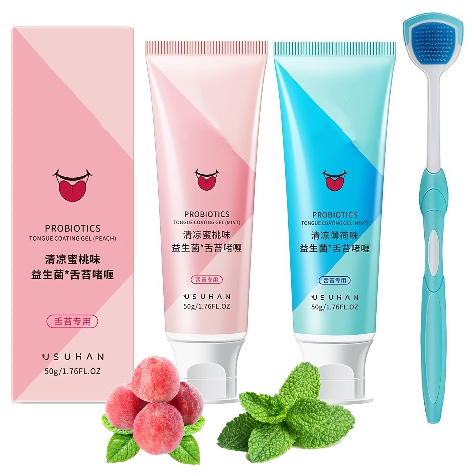 lunhaifi 2023 New Probiotic Tongue Cleaning Gel Set, Tongue Scraper Precise Cleaning Brush Kit, Easy to Use Tongue Scrubber for Men Women with 1Tongue Brush (Mint+Peaches)