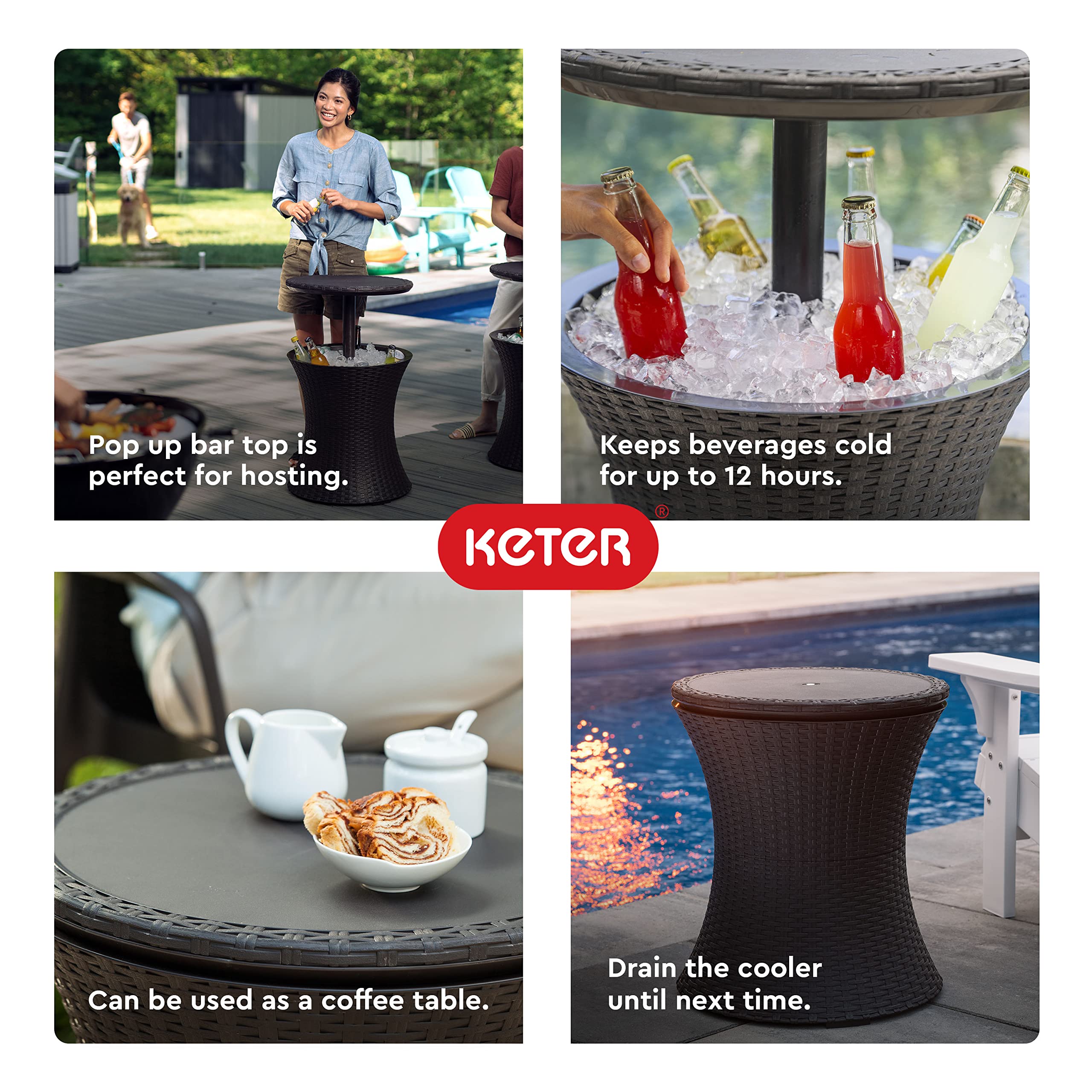 Keter Outdoor Patio Furniture and Hot Tub Side Table with 7.5 Gallon Beer and Wine Cooler, Brown