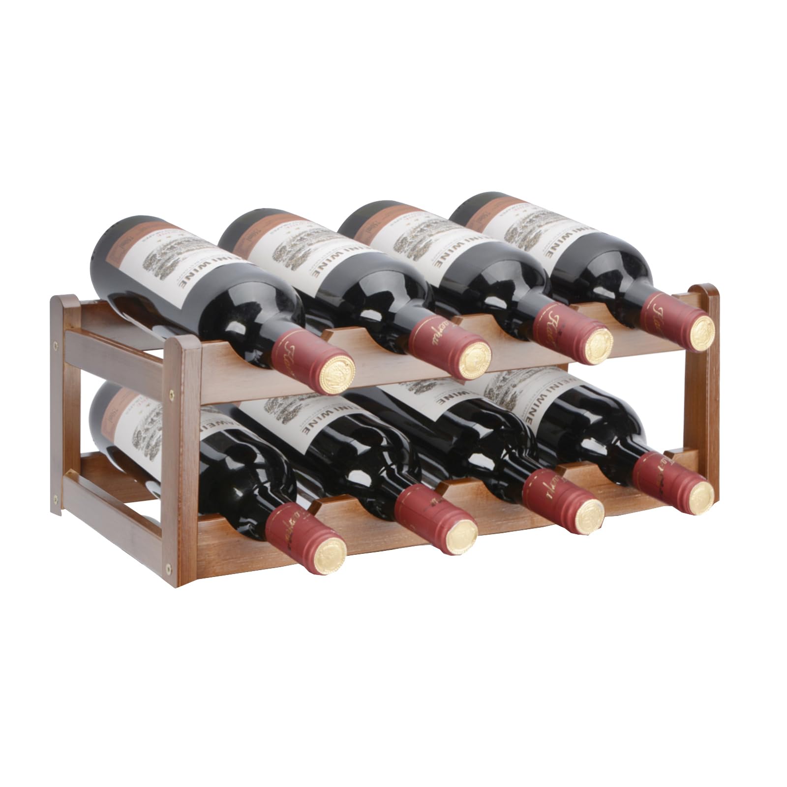 Juomid Bamboo Wine Rack, 2 Tiers 8 Bottle Wine Shelf, Free Standing Floor Countertop Liquor Storage Cabinet Holder Stand for Kitchen Dining Room Pantry, Sturdy Durable Brown Wine Racks