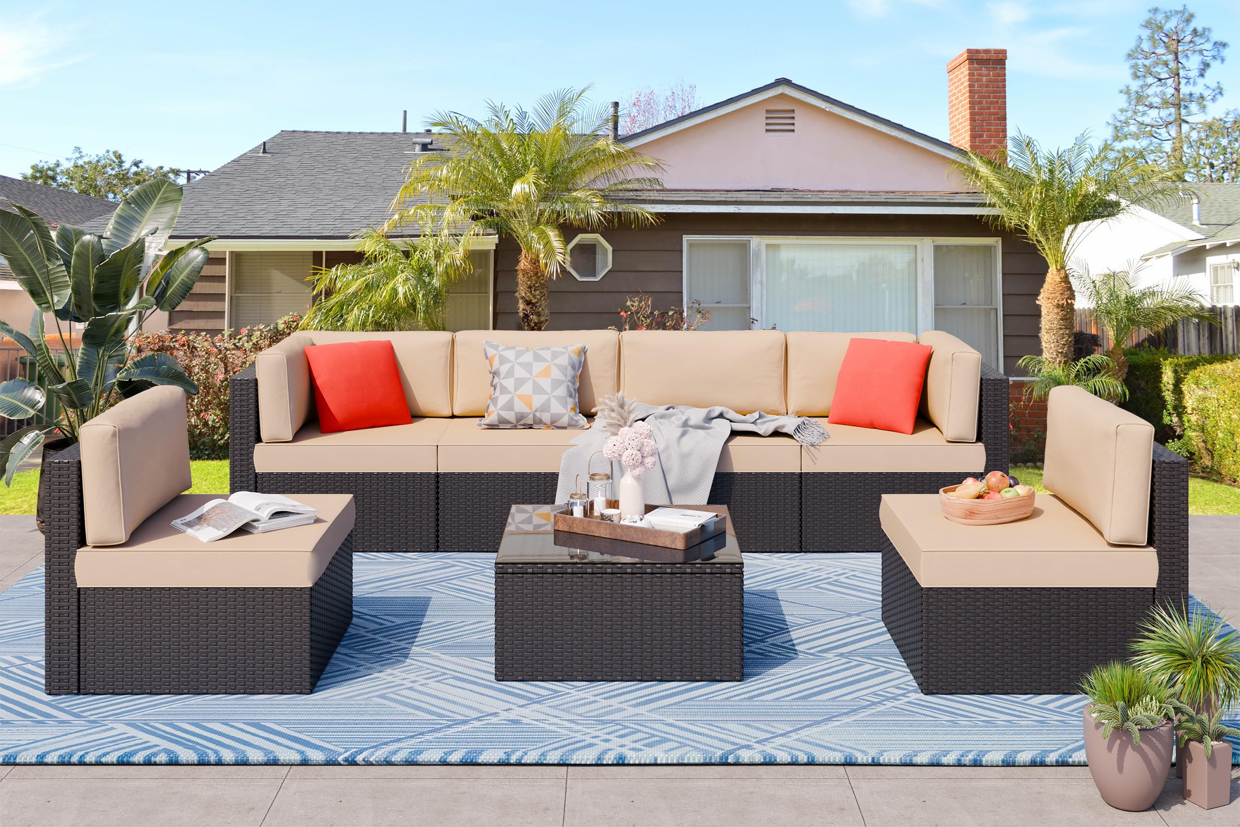 Vongrasig 7 Pieces Outdoor Patio Furniture Sets, Outdoor Sectional Rattan Sofa, PE Manual Weaving Wicker Patio Conversation Set with Cushion, Glass Table, Red Pillow (Beige)