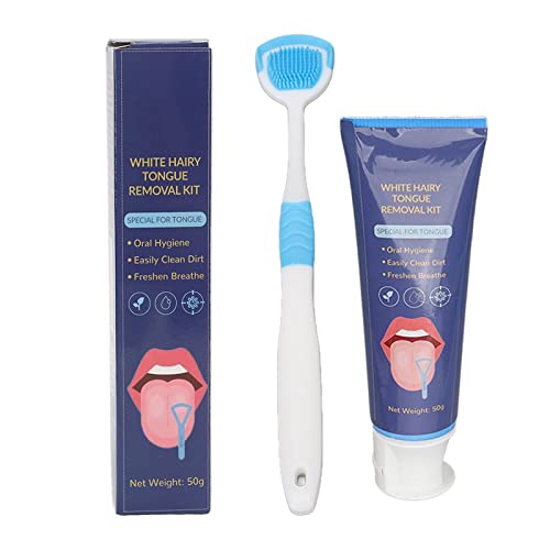 Tongue Cleansing Gel, 50g Ergo Handle 2 Pcs Oral Refreshing Tongue Scrubber Brush Adult Plaque Removal Kit for Bad Breath