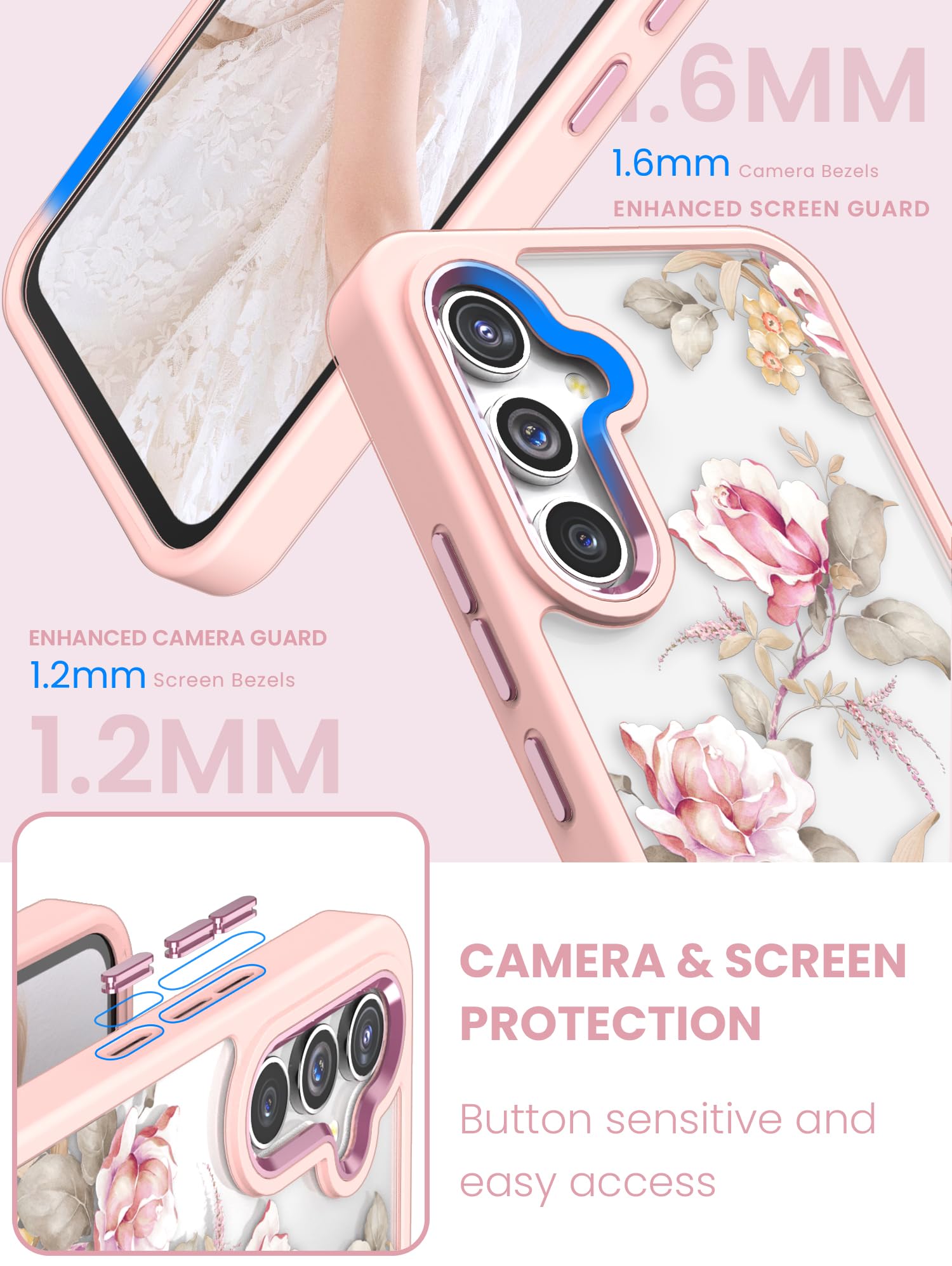 DagoRoo for Samsung Galaxy A54 5G Case with Tempered Glass Screen Protector [2 Pack],[Military Grade Protective] Slim Soft TPU & Hard PC,Girls Women Crystal Clear Flower Pattern Case-Ranunculus/Pink