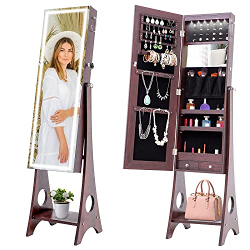 BOSTANA 6 Led Jewelry Cabinet Mirror Standing, Jewelry Organizer Touch Control & 4 Adjustable Angle,Full Length Mirror Jewelry Armoire With Storage Rack & Lockable Mirror For Livingroom,Gift