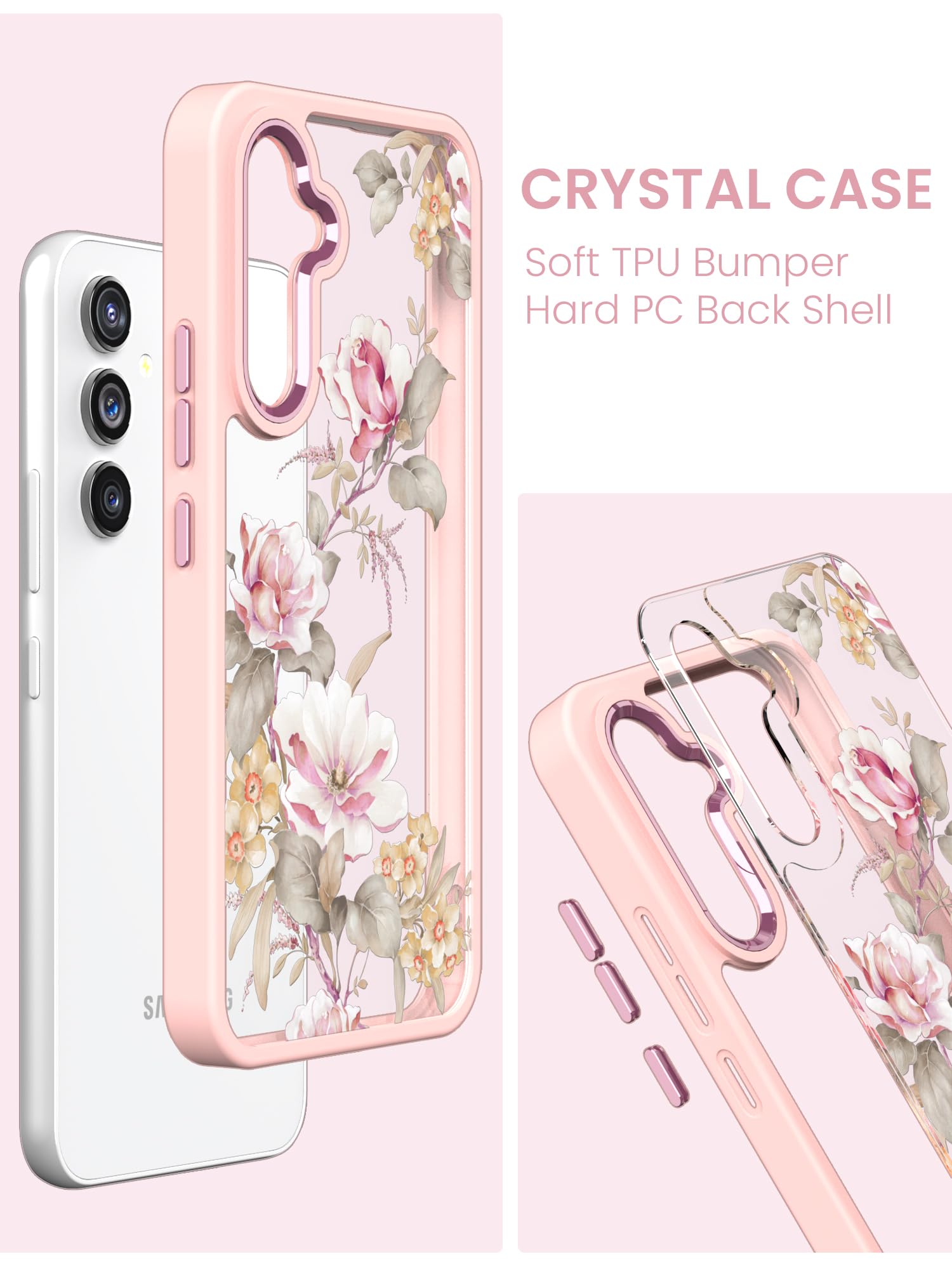 DagoRoo for Samsung Galaxy A54 5G Case with Tempered Glass Screen Protector [2 Pack],[Military Grade Protective] Slim Soft TPU & Hard PC,Girls Women Crystal Clear Flower Pattern Case-Ranunculus/Pink