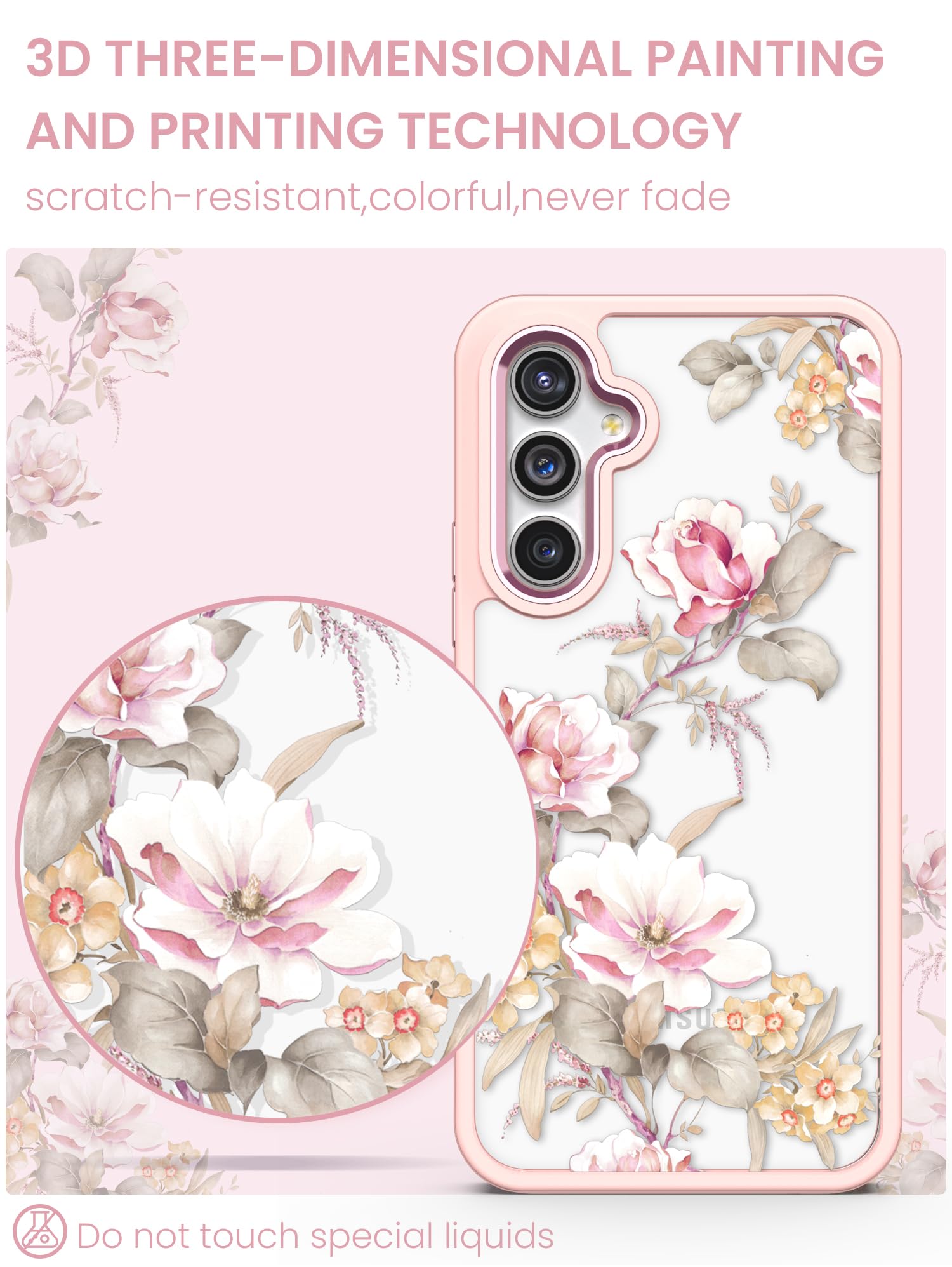 DagoRoo for Samsung Galaxy A54 5G Case with Tempered Glass Screen Protector [2 Pack],[Military Grade Protective] Slim Soft TPU & Hard PC,Girls Women Crystal Clear Flower Pattern Case-Ranunculus/Pink