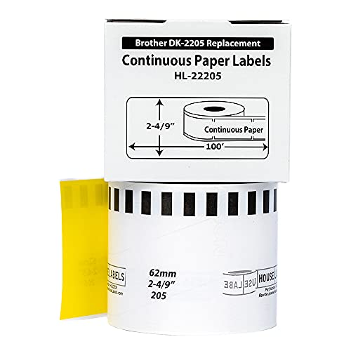 HOUSELABELS Compatible with DK-2205 Replacement Roll for Brother QL Label Printers; Yellow Continuous Length Labels; 2-4/9" x 100 feet (62mm*30.48m) - 1 Roll