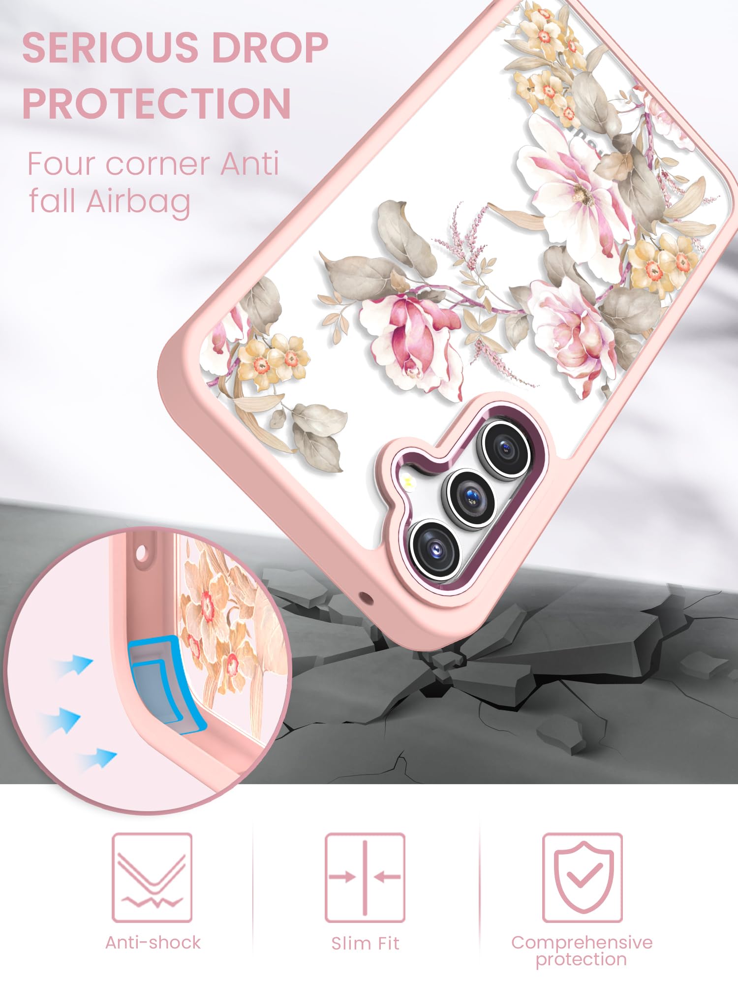 DagoRoo for Samsung Galaxy A54 5G Case with Tempered Glass Screen Protector [2 Pack],[Military Grade Protective] Slim Soft TPU & Hard PC,Girls Women Crystal Clear Flower Pattern Case-Ranunculus/Pink