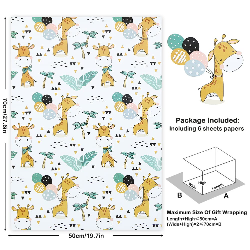 Birthday Wrapping Paper For Kids Girls Boys, Giraffe Design Gift Wrap Paper for Birthday Baby Shower, 6 Sheets Folded Flat 20x28 Inches Per Sheet