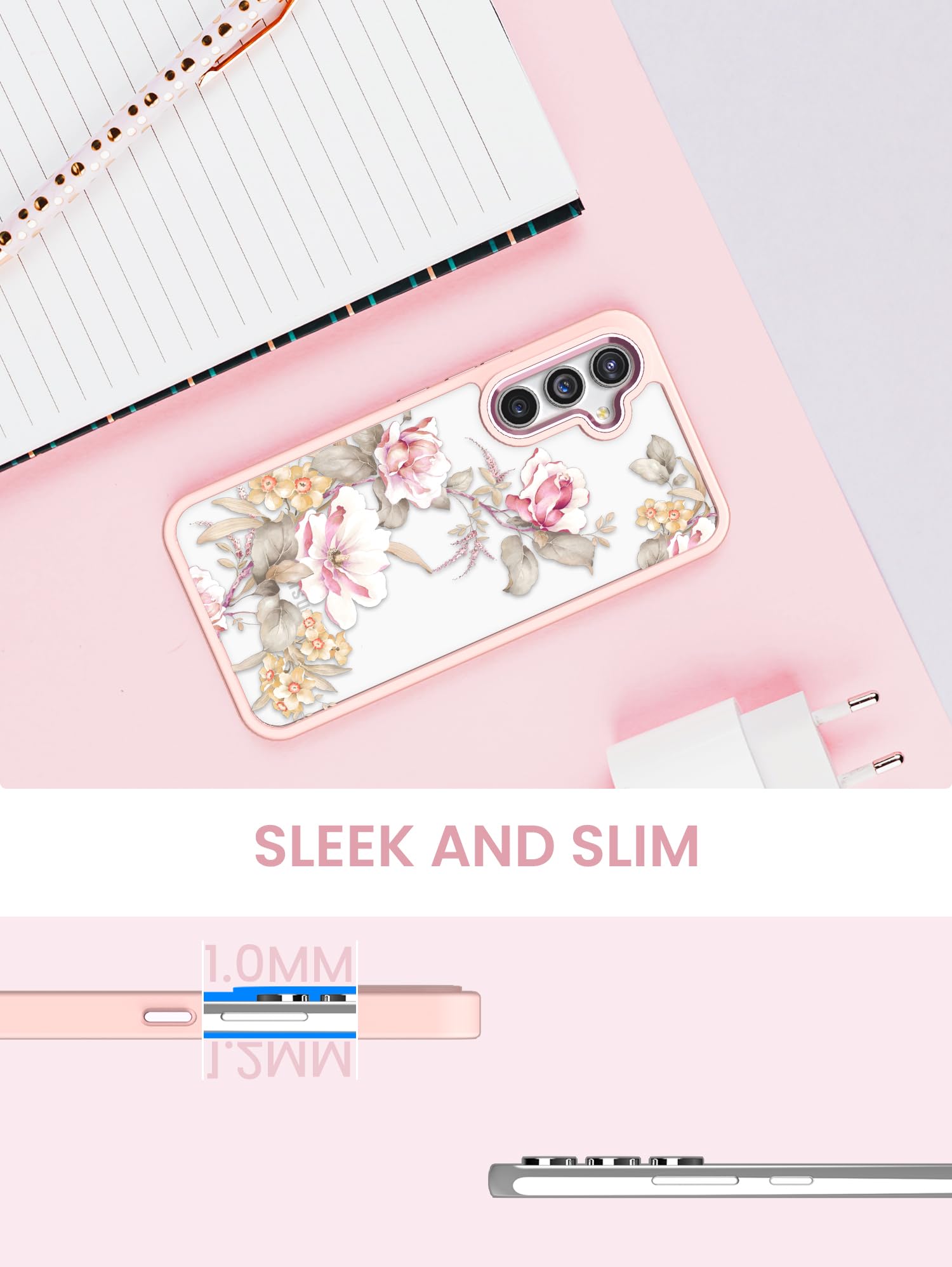 DagoRoo for Samsung Galaxy A54 5G Case with Tempered Glass Screen Protector [2 Pack],[Military Grade Protective] Slim Soft TPU & Hard PC,Girls Women Crystal Clear Flower Pattern Case-Ranunculus/Pink