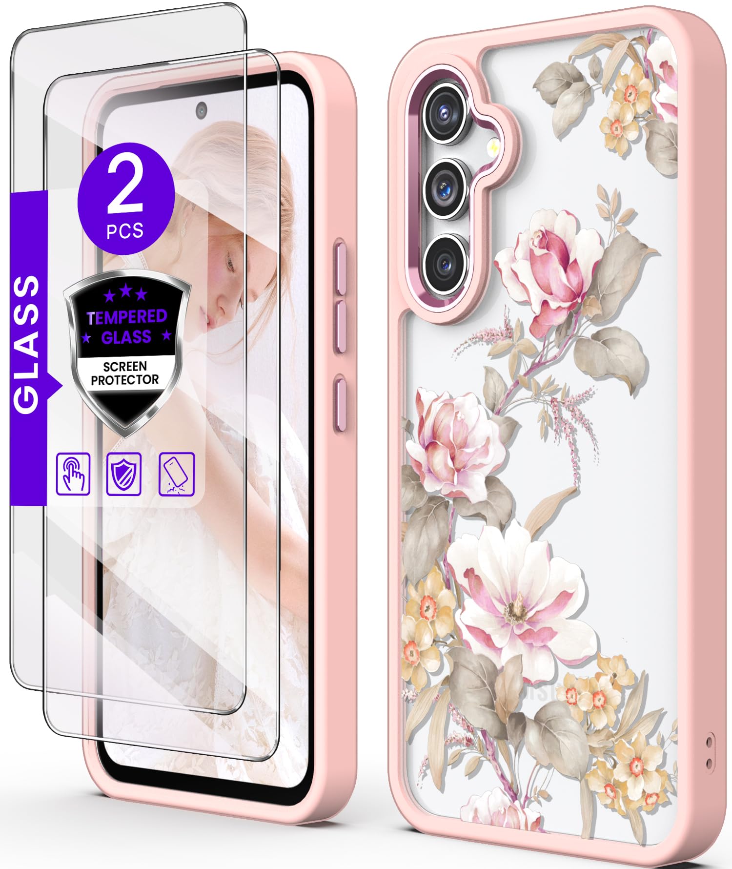 DagoRoo for Samsung Galaxy A54 5G Case with Tempered Glass Screen Protector [2 Pack],[Military Grade Protective] Slim Soft TPU & Hard PC,Girls Women Crystal Clear Flower Pattern Case-Ranunculus/Pink